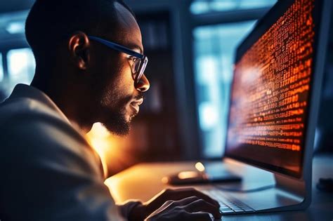 Premium Photo A Man Working On A Computer With A Computer Monitor Behind Him