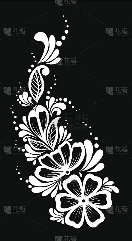 黑色和白色的花和叶孤立