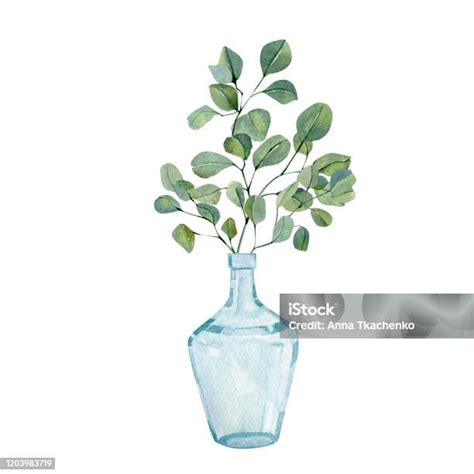 수채화 손 은 가지 유칼립투스 유리 화병에 집 식물을 그린 인사말 카드 웨딩 카드 포스터에 대한 에코 미니멀 리스트 일러스트 0명에 대한 스톡 벡터 아트 및 기타 이미지