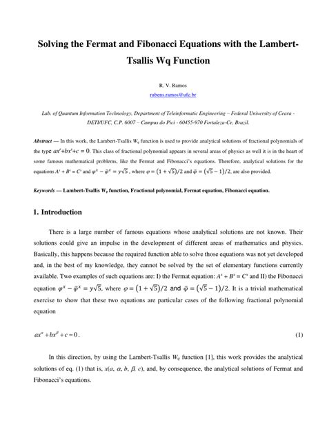 Pdf Solving The Fermat And Fibonacci Equations With The Lambert