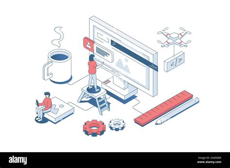 Website Creating Concept In 3d Isometric Design Developers Prototyping And Coding Designing