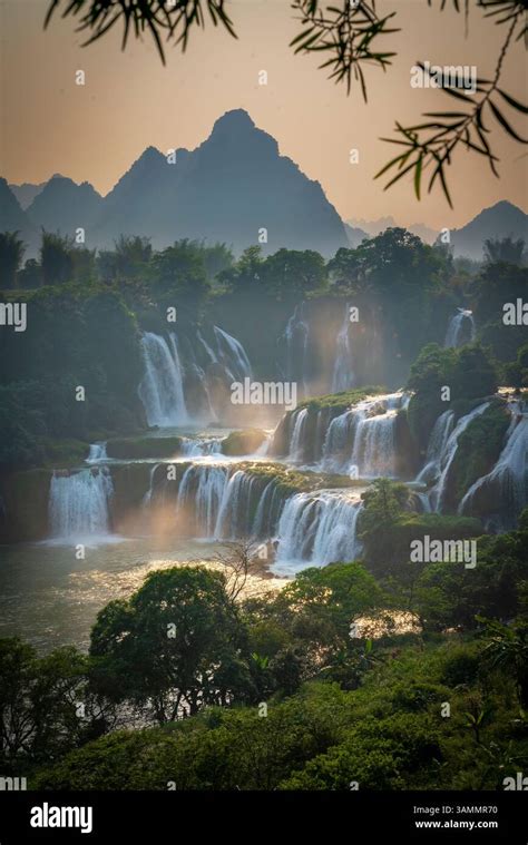Aerial View Of Ban Gioc Detian Falls Along The Quay Son River On The