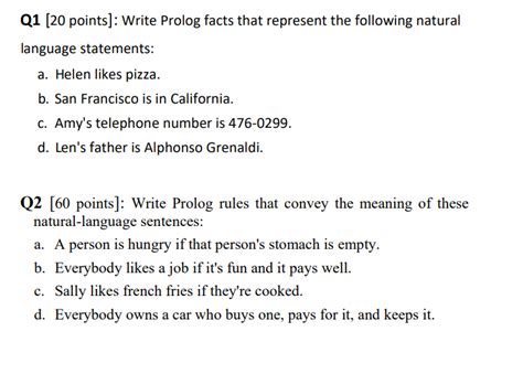 Q1 20 Points Write Prolog Facts That Represent The
