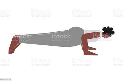 평평한 여성 캐릭터가있는 벡터 개념 강한 아프리카 계 미국인 여성은 백 벤드로 자세를 배우고 요가 수업에서 Chaturanga