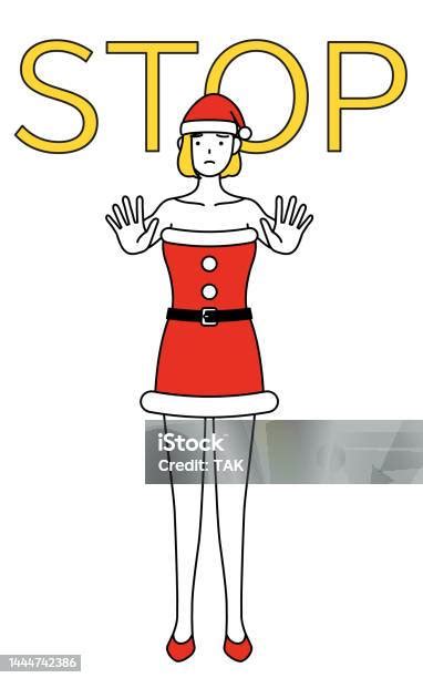 산타클로스 복장을 한 여성이 몸 앞에 손을 내밀고 정지를 알리는 간단한 선 그리기 그림 12월에 대한 스톡 벡터 아트 및 기타 이미지 12월 Day 1 거절