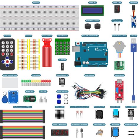 Mega Kit Com Placa Uno Protoboard 830 Furos Kit Rfid Mais De 200 Pcs Compatíveis Com Arduino