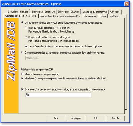 ZipMail Compression Zip pour bases de données Lotus Notes version client