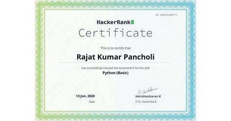 rajat kumar pancholi on linkedin hackerrank certification of basic python