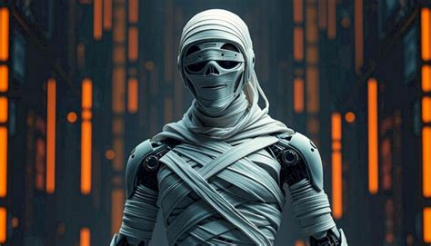 Robot 3d Mummy With Bandages Glowing Red Eyes Techno Line Background