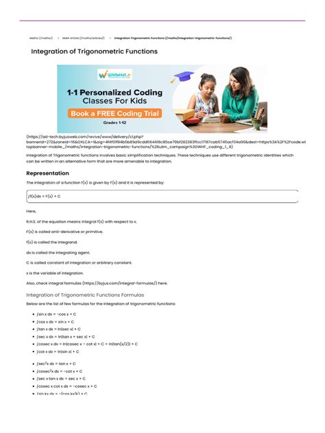 Integration Of Trigonometric Functions Formulas Solved Examples