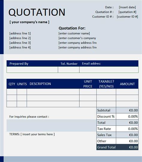 Excel Templates For Business Quote
