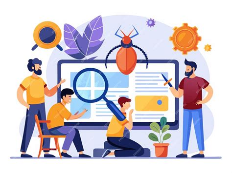 team of developers debugging software bug on computer screen vector art