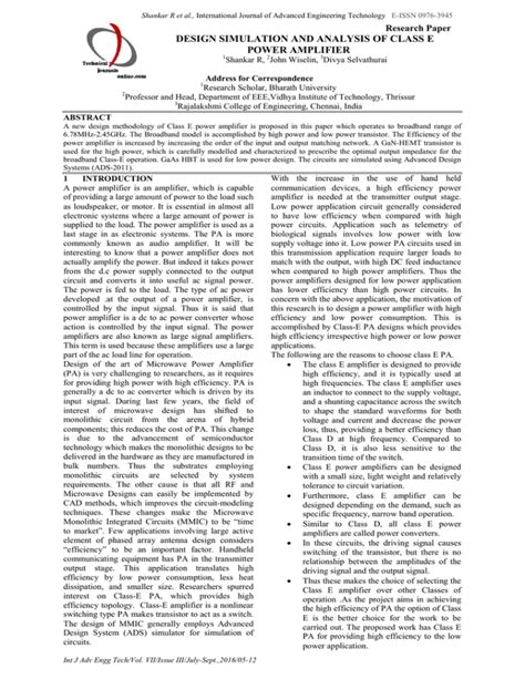 Class E Power Amplifier Design And Simulation Research Paper