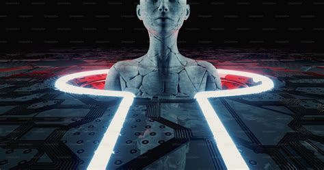 네온 불빛이 있는 미래형 구조물의 콘크리트 로봇 인공 지능과 미래 지향적인 혁신 개념 이것은 3d 렌더링 그림입니다 사진 Unsplash의 3 차원 이미지