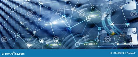 Telecommunication Concept With Abstract Network Structure And Server Room Background Stock