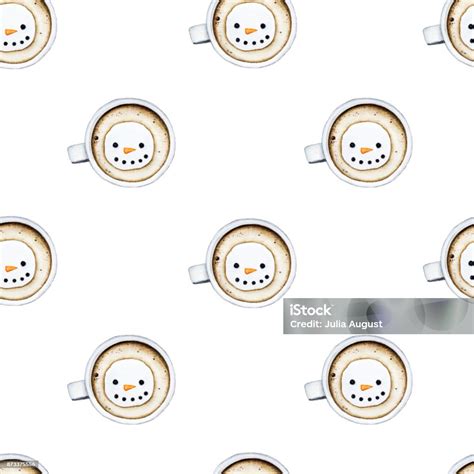겨울 관련된 원활한 패턴입니다 카푸치노 또는 핫 초콜릿 귀여운 눈사람 흰색 배경에 고립의 형태로 마 시 멜로와 커피 컵 위에서 볼 수 있습니다 갈색에 대한 스톡 벡터 아트