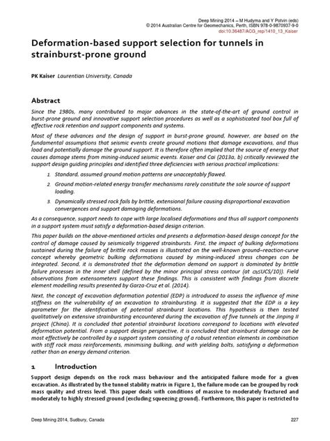 Deformation Based Support Selection For Tunnels In Strainburst Prone Ground Kaiser Pdf