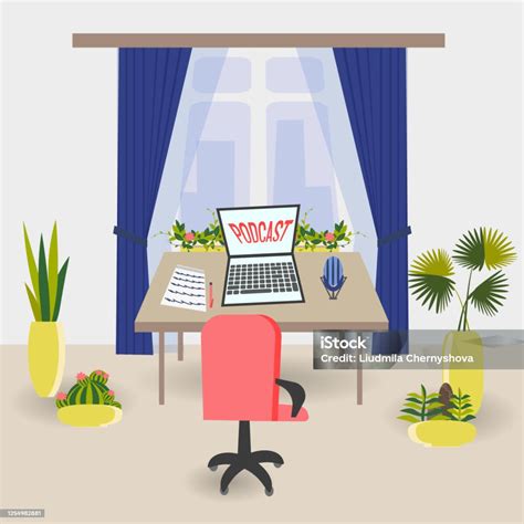 팟 캐스트 룸의 내부 책상 노트북 마이크 메모와 계획이있는 메모장 아늑한 홈 장식 플랫 스타일로 벡터 그림 개념에 대한 스톡 벡터 아트 및 기타 이미지 Istock