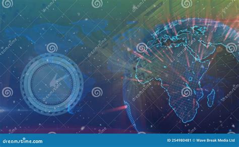 Animation Of Light Beams Over Globe With Hud Processing On Digital Interface At Data Center