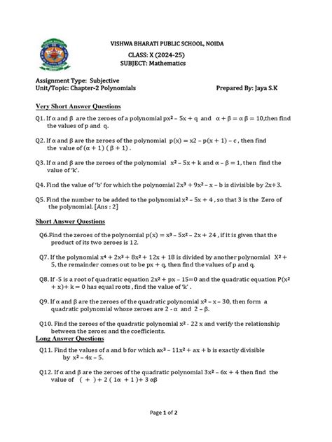 Polynomials Assignment Download Free Pdf Polynomial Zero Of A