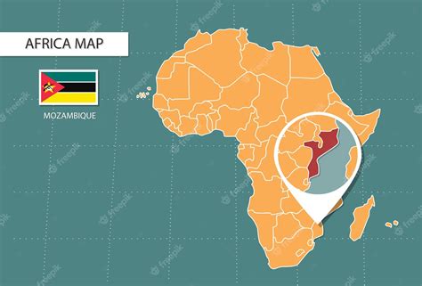 모잠비크 위치 및 플래그를 보여주는 아프리카 줌 버전 아이콘의 모잠비크 지도 프리미엄 벡터