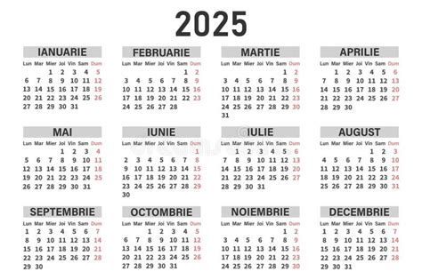 Classic Horizontal Calendar 2025 In Romanian Days Weeks And Months Print Vector Stock Vector