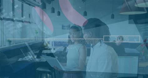 Image Of Data Processing With Diagrams Over Diverse Colleagues Working In Office Stock