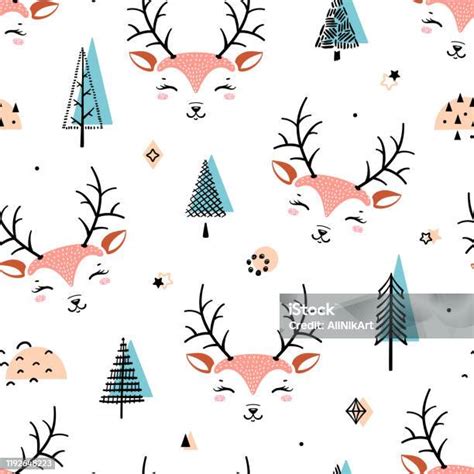 아이들을위한 귀여운 사슴과 숲 추상적 인 배경 만화 낙서 순록과 나무와 벡터 원활한 유치한 패턴 크리스마스 또는 새해 휴일 배경 화면 포장지 0명에 대한 스톡 벡터 아트 및