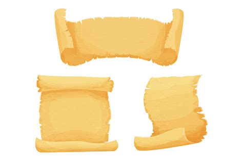 흰색 배경 스톡 벡터 일러스트레이션에 격리 된 만화 스타일의 빈 양피지 스크롤 파피루스 빈 프레임 빈 을 설정합니다 질감 의자산 중세 앤티크 요소 벡터 일러스트레이션 갈색에