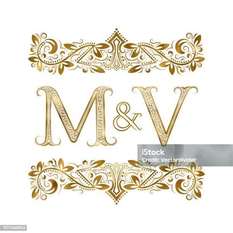 M 과 V 빈티지 이심 기호입니다 편지는 장식 요소로 둘러싸여 있습니다 결혼식 또는 비즈니스 파트너 로얄 스타일의 모노그램 알파벳 V에 대한 스톡 벡터 아트 및 기타 이미지