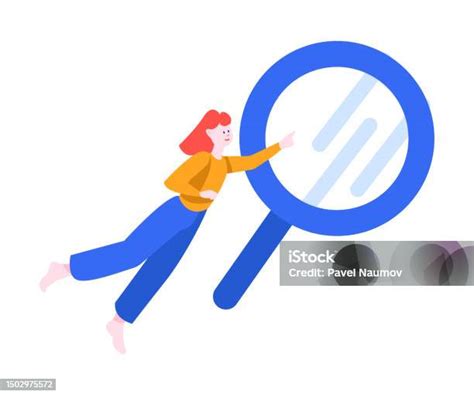작은 여자 캐릭터와 거대한 돋보기 벡터 일러스트레이션 개념에 대한 스톡 벡터 아트 및 기타 이미지 개념 거인 검사 보기