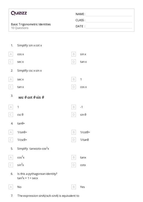 แผ่นงาน อัตราส่วนตรีโกณมิติ Sin Cos Tan Csc วินาที และ Cot มากกว่า 50 แผ่นในราคา ชั้นประถมศึกษา