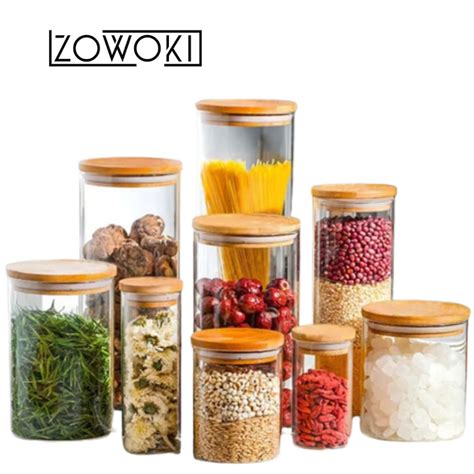 Jual ZOWOKI Toples Kaca Kedap Udara Tutup Kayu Toples Bumbu Dapur Makanan Snack Toples Bumbu