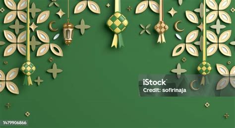 케투팟 랜턴 초승달 만화 스타일 라마단 카림 마울리드 이프타르 이스라 미라지 이드 알 피트르 아다 무하람 복사 공간 텍스트 영역 3d 그림이 있는 이슬람 장식 배경 3차원