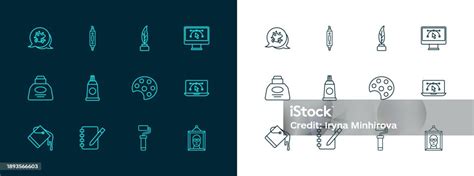 디자인 프로그램 노트북 팔레트 페인트 롤러 브러시 튜브 페인트 팔레트 깃털 및 잉크병 스프레이 및 마커 펜 아이콘과 라인