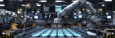 High Tech Robotic Assembly Line With Monitor Display Stock Illustration