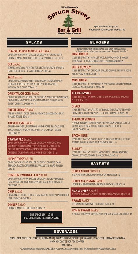 Menu Spruce Street Bar And Grill