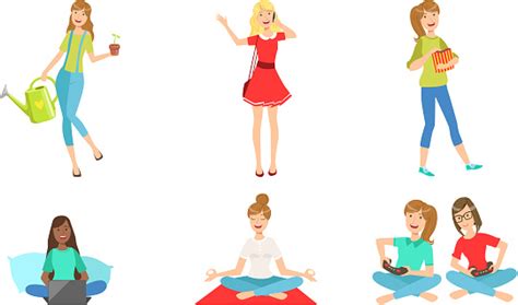 젊은 여성 매일 루틴 세트 여자 급수 식물 스마트폰에 이야기 명상 컴퓨터 게임 벡터 일러스트 Brand Name Video Game에 대한 스톡 벡터 아트 및 기타 이미지