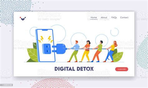 디지털 해독 방문 페이지 템플릿입니다 작은 사람들이 플러그를 뽑아 거대한 전화를 끕니다 기술과의 단절의 개념 사무실에 대한 스톡 벡터 아트 및 기타 이미지 Istock