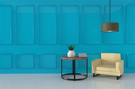 소파 식물 및 배경에 파란색 벽 램프 인테리어 3d 렌더링입니다 0명에 대한 스톡 벡터 아트 및 기타 이미지 0명 가구