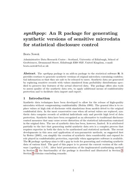 Synthpop An R Package For Generating Synthetic Versions Of Sensitive