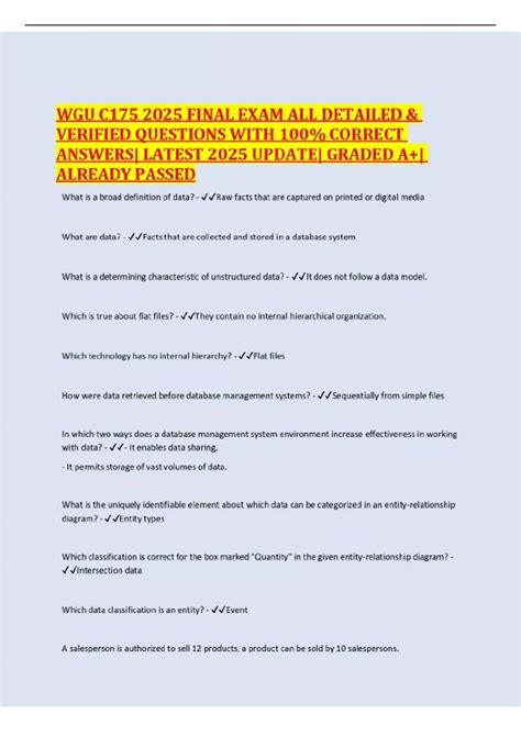 WGU C FINAL EXAM ALL DETAILED VERIFIED QUESTIONS WITH CORRECT ANSWERS LATEST