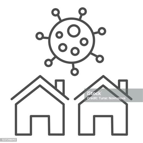 두 건물과 코로나 바이러스 세포 얇은 라인 아이콘 코로나 바이러스 인식 개념 흰색 배경에 홈 기호에서 자기 격리 윤곽 스타일의 홈 기호에서 안전 유지 벡터 그래픽 0명에
