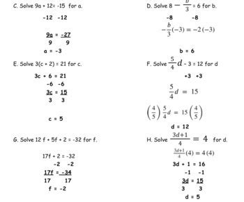 Algebra Unit Lesson Notes Solving Simple Equations TPT