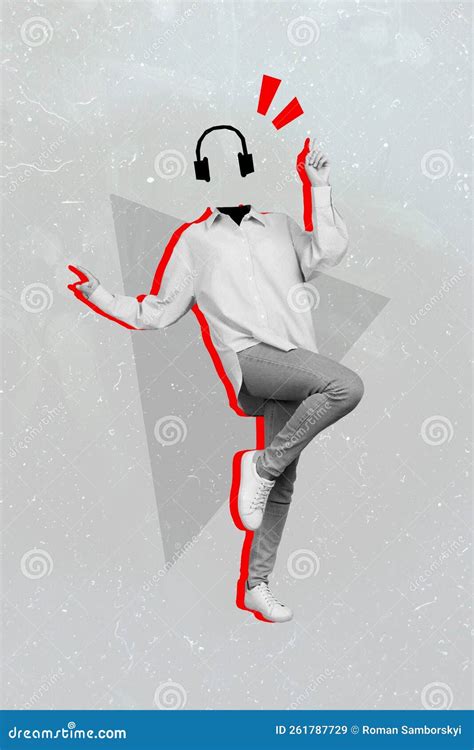 Collage Vertical Photo Of Dancing Headless Listening Music Human Good Mood Isolated On Grey