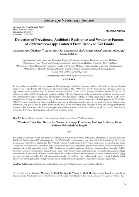 Pdf Detection Of Prevalence Antibiotic Resistance And Virulence Factors Of Enterococcus Spp