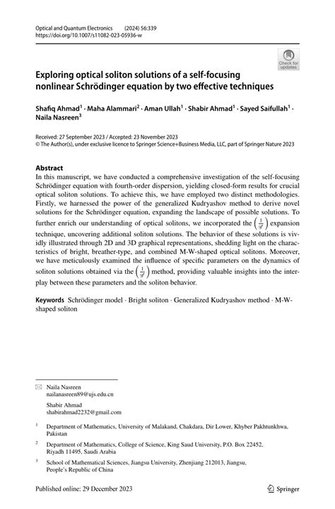 Pdf Exploring Optical Soliton Solutions Of A Self Focusing Nonlinear Schrödinger Equation By
