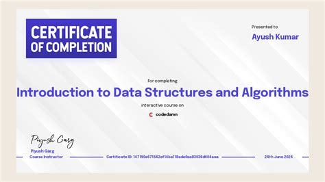 Ayush Kumars Certification For Introduction To Data Structures And Algorithms Codedamn