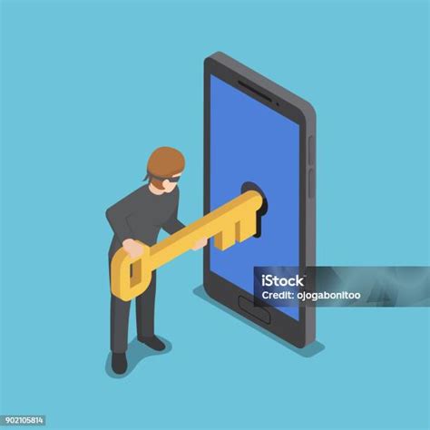 아이소메트릭 도둑 또는 해커 스마트폰 해킹 하 키를 사용 합니다 컴퓨터 해커에 대한 스톡 벡터 아트 및 기타 이미지 컴퓨터 해커 스마트폰 전화 Istock