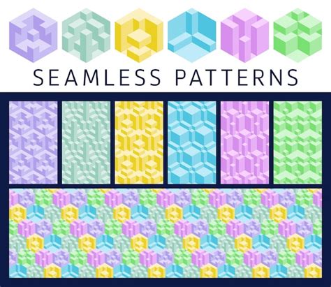 3d 기하학적 원활한 요소와 패턴 아이소메트릭 착시 유행 배경 세트 프리미엄 벡터